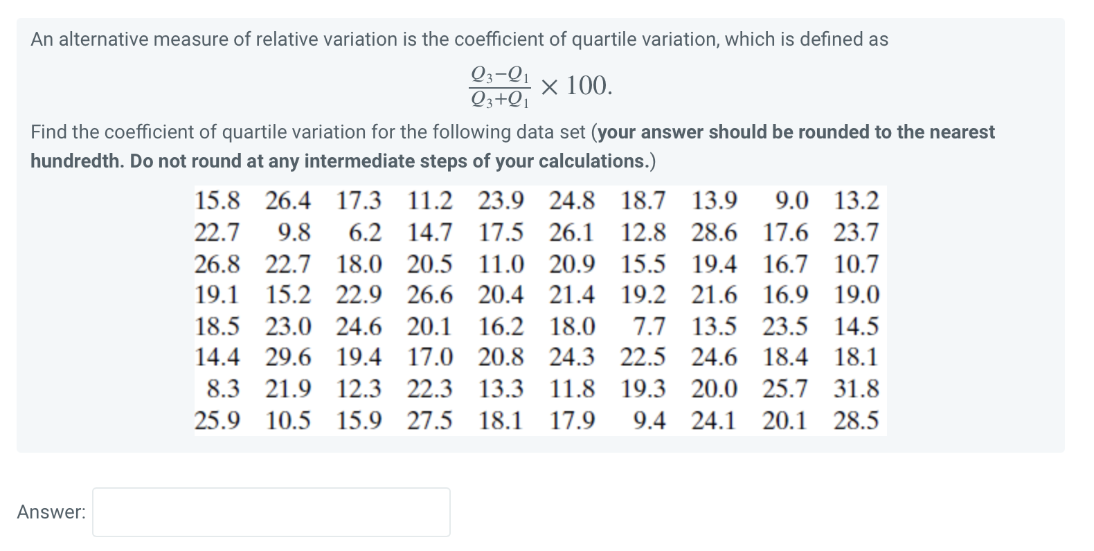 Solved x 100. An alternative measure of relative variation | Chegg.com