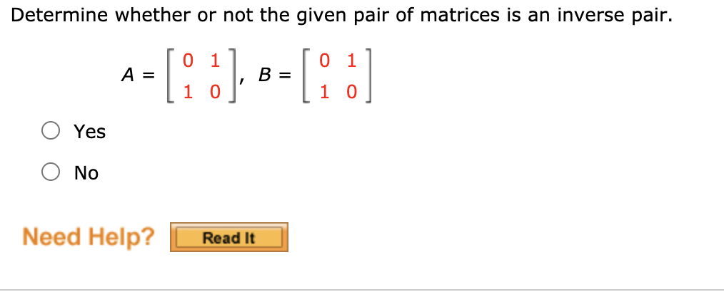 Solved Determine whether or not the given pair of matrices | Chegg.com