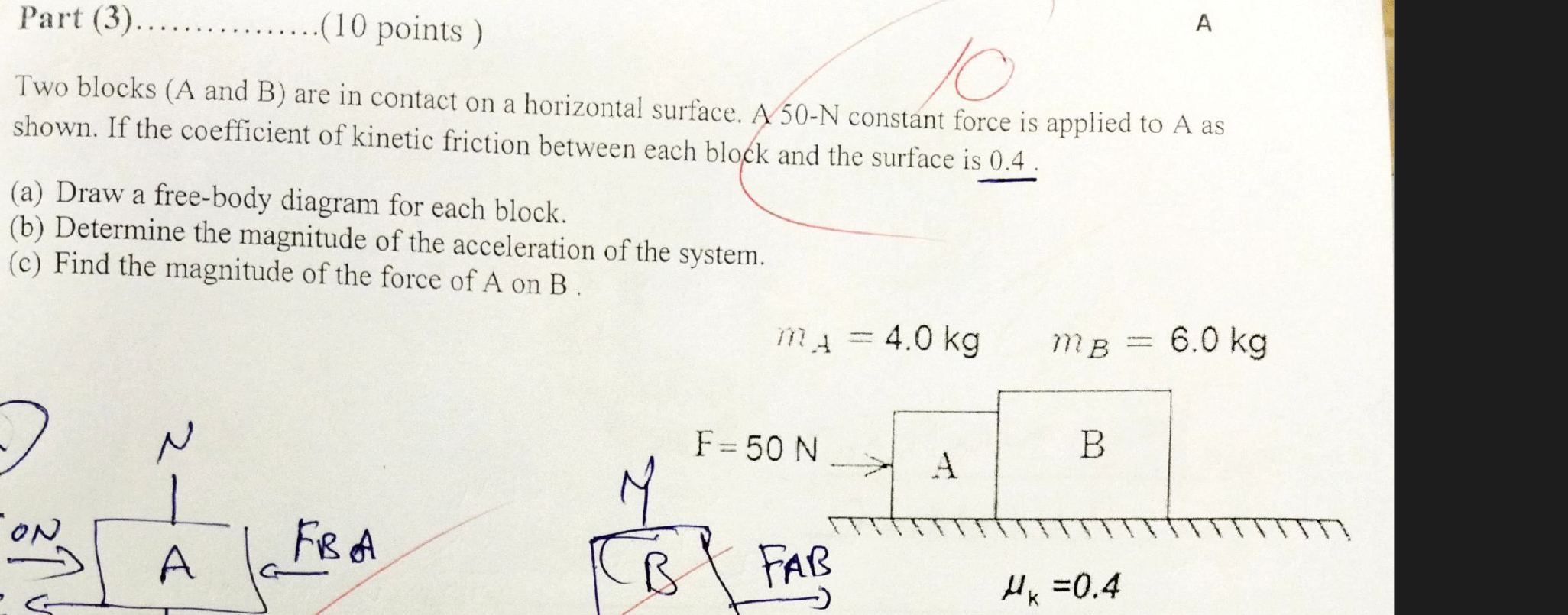 Solved Part (3)(10 ﻿points )Two blocks (A and B) ﻿are in | Chegg.com