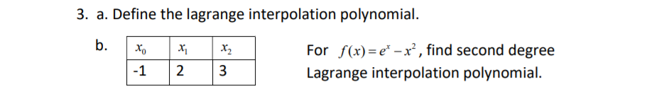 Solved 3. a. Define the lagrange interpolation polynomial. | Chegg.com