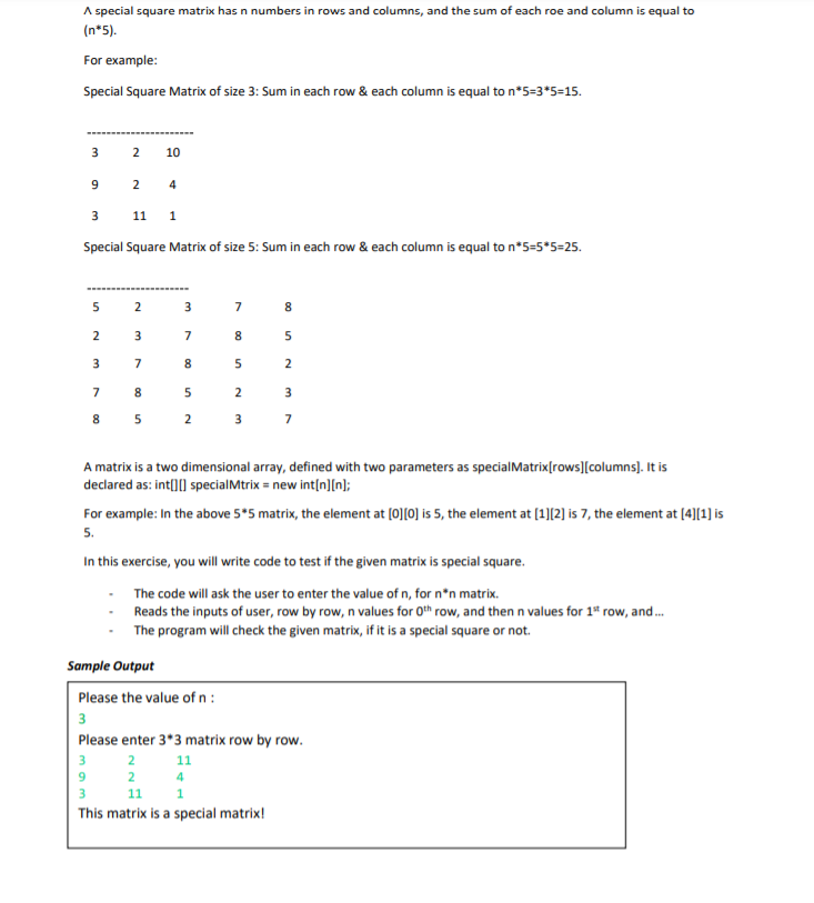 Solved A special square matrix has n numbers in rows and | Chegg.com