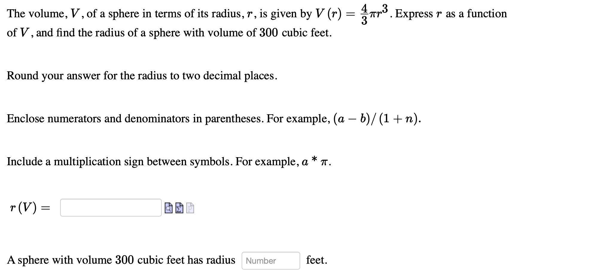 Solved The volume, V, of a sphere in terms of its radius, r, | Chegg.com