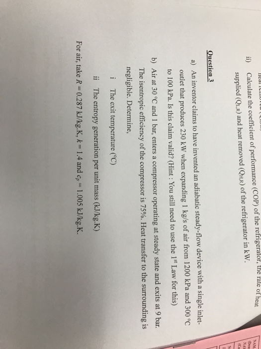 Solved i) Calculate the coefficient of performance (COP) of | Chegg.com