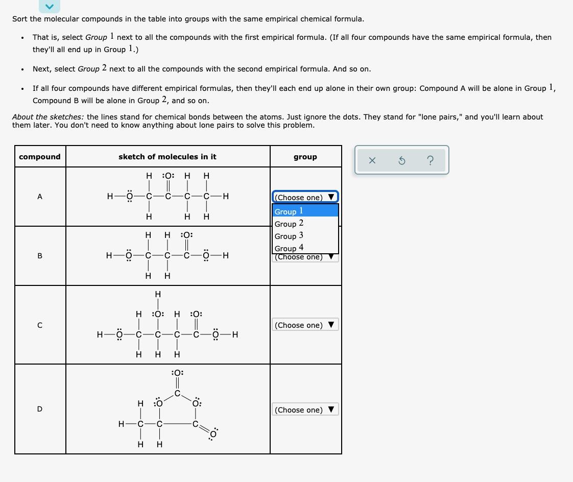 Solved Sort the molecular compounds in the table into groups | Chegg.com