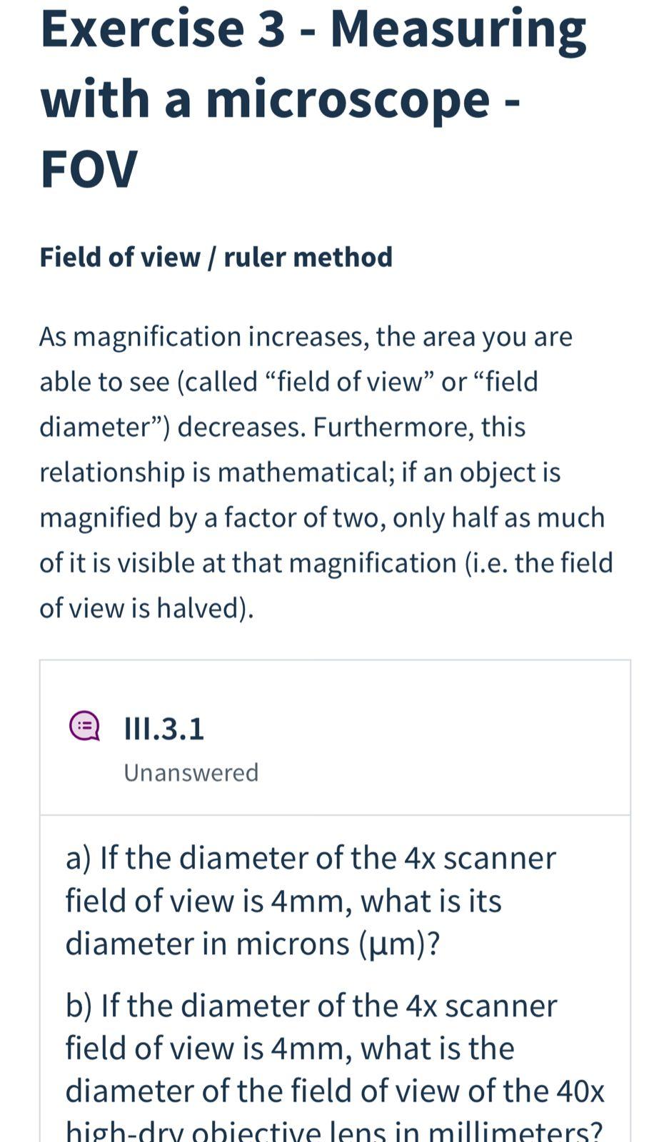 Solved Exercise 3 - Measuring with a microscope - FOV Field | Chegg.com
