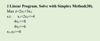 Solved 2 Linear Program. Solve with Simplex Method(30). Max | Chegg.com