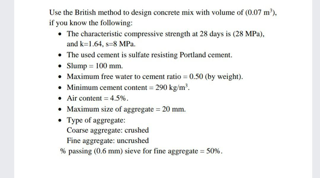 Solved Use the British method to design concrete mix with | Chegg.com