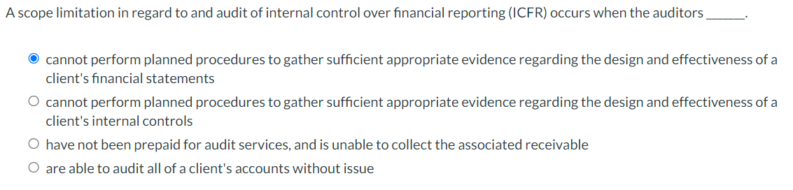 Solved A scope limitation in regard to and audit of internal | Chegg.com