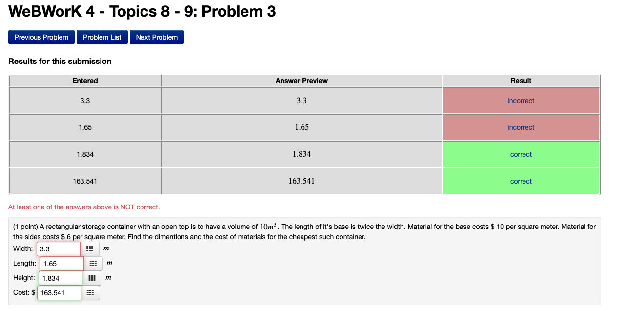 Solved WebWork 4 - Topics 8 - 9: Problem 3 Previous Problem | Chegg.com