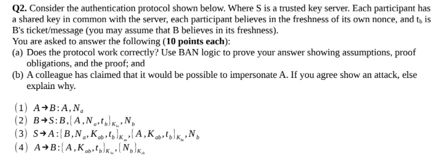 Q2. Consider the authentication protocol shown below. | Chegg.com