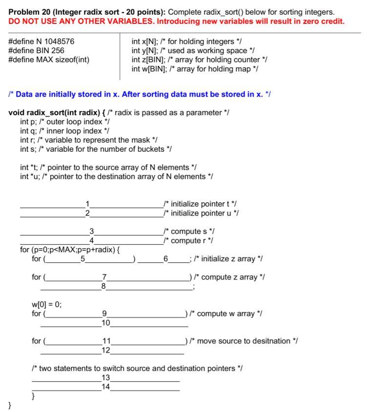 Problem 20 (Integer radix sort - 20 points): Complete | Chegg.com