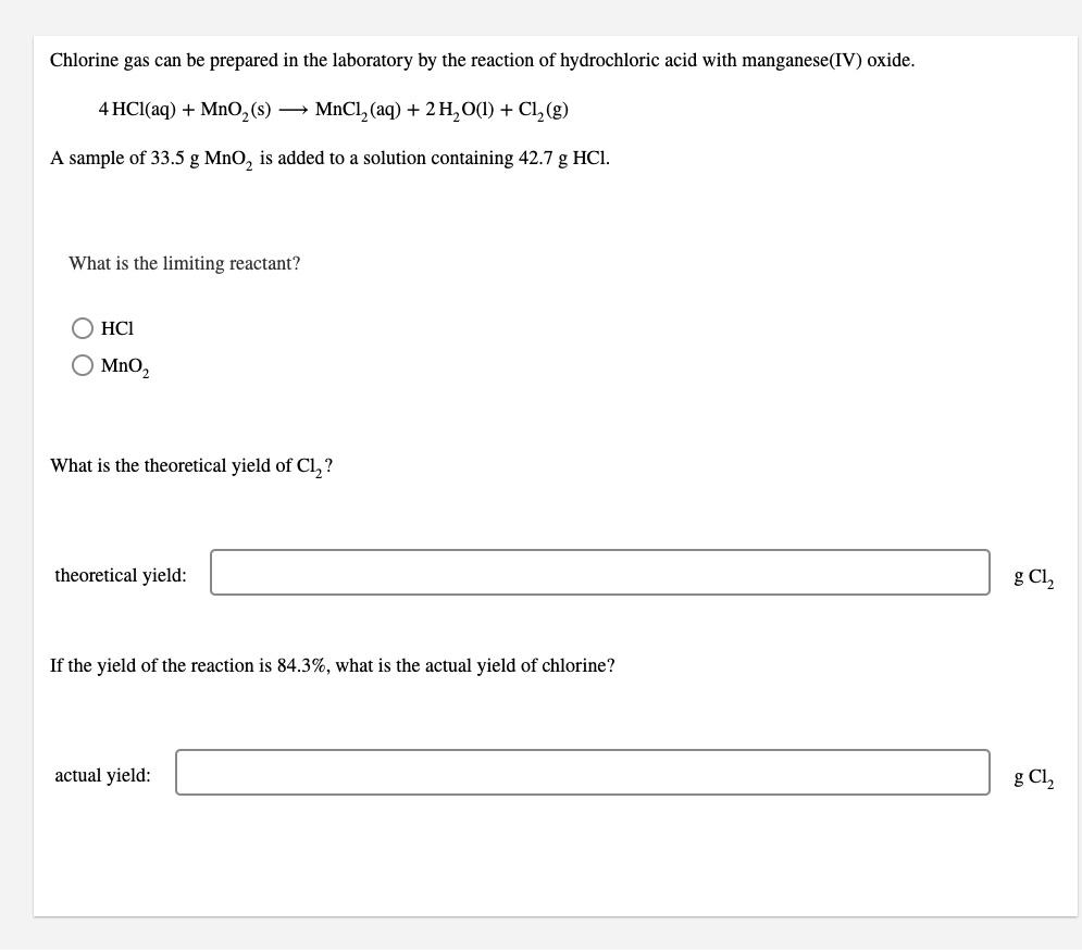 Solved Chlorine gas can be prepared in the laboratory by the | Chegg.com