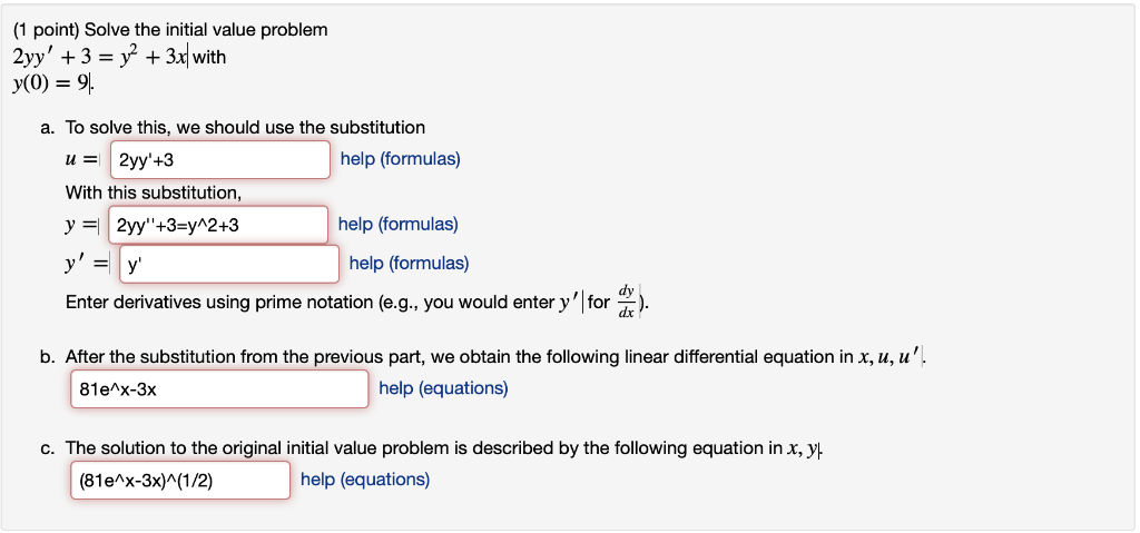 Solved (1 point) Solve the initial value problem 2yy' 3y 3x | Chegg.com