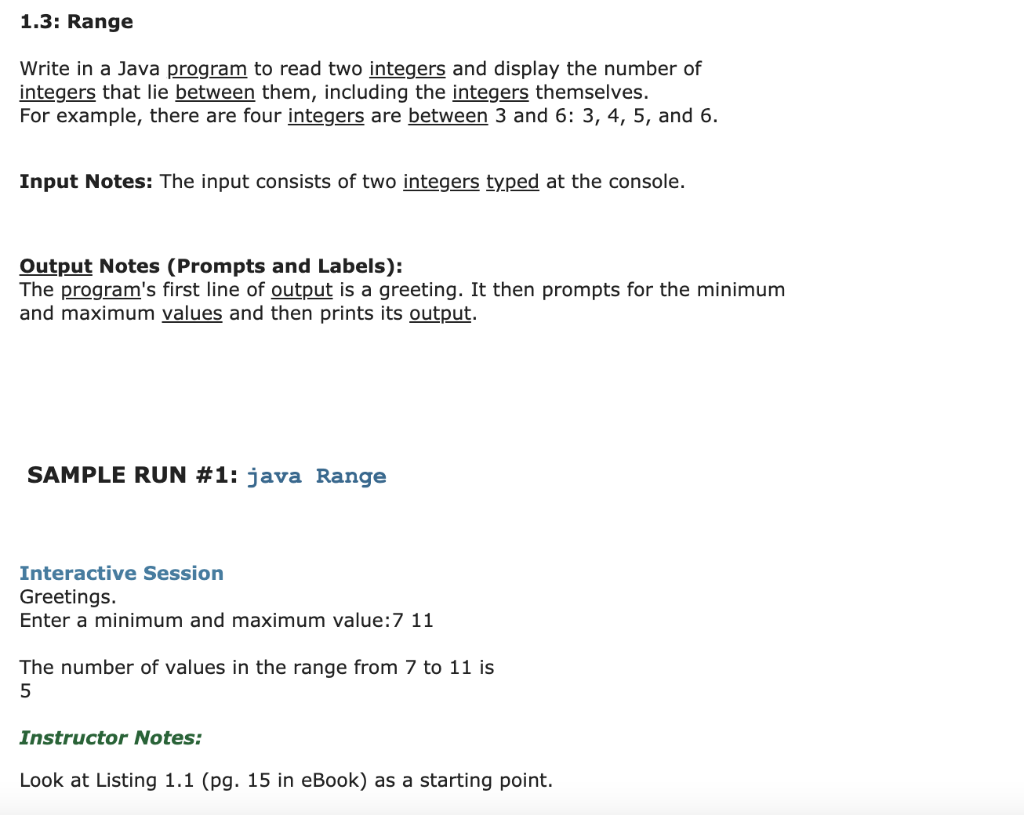 Solved 1.3: Range Write in a Java program to read two | Chegg.com