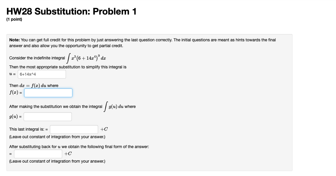 Solved HW28 Substitution: Problem 1 (1 point) Note: You can | Chegg.com Solved HW28 Substitution: Problem 1 (1 point) Note: You can | Chegg.com