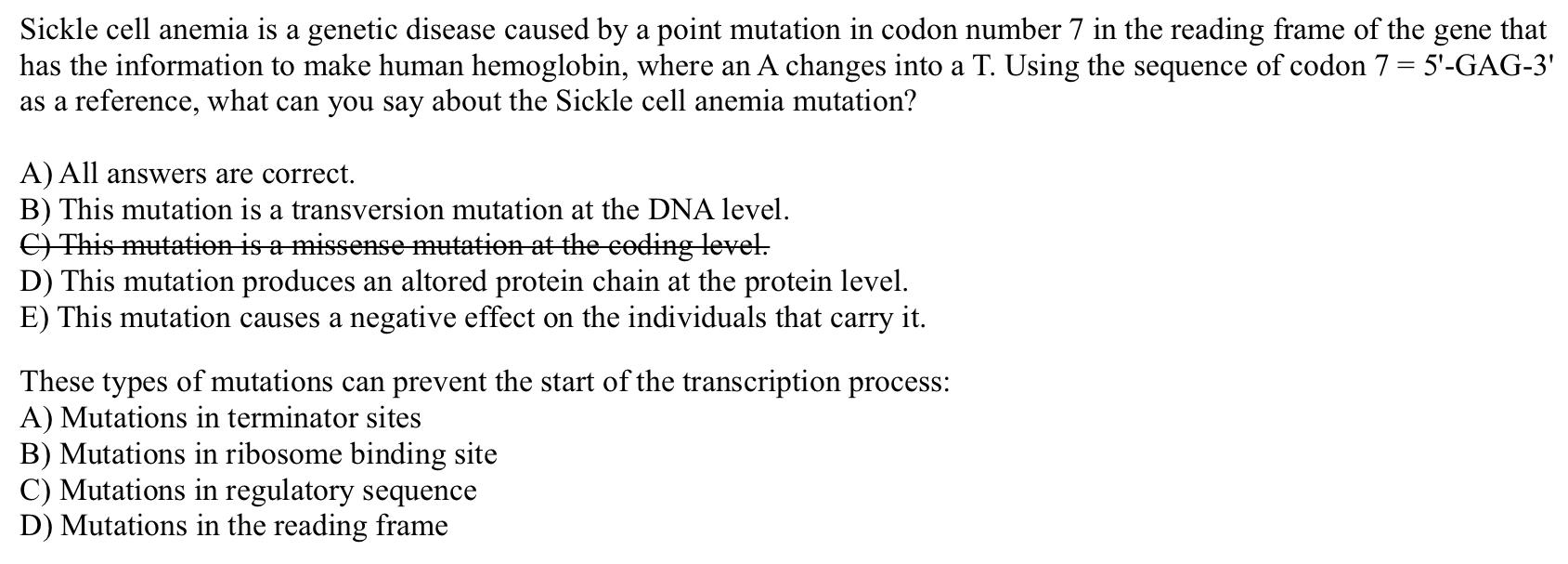 Solved Sickle cell anemia is a genetic disease caused by a | Chegg.com