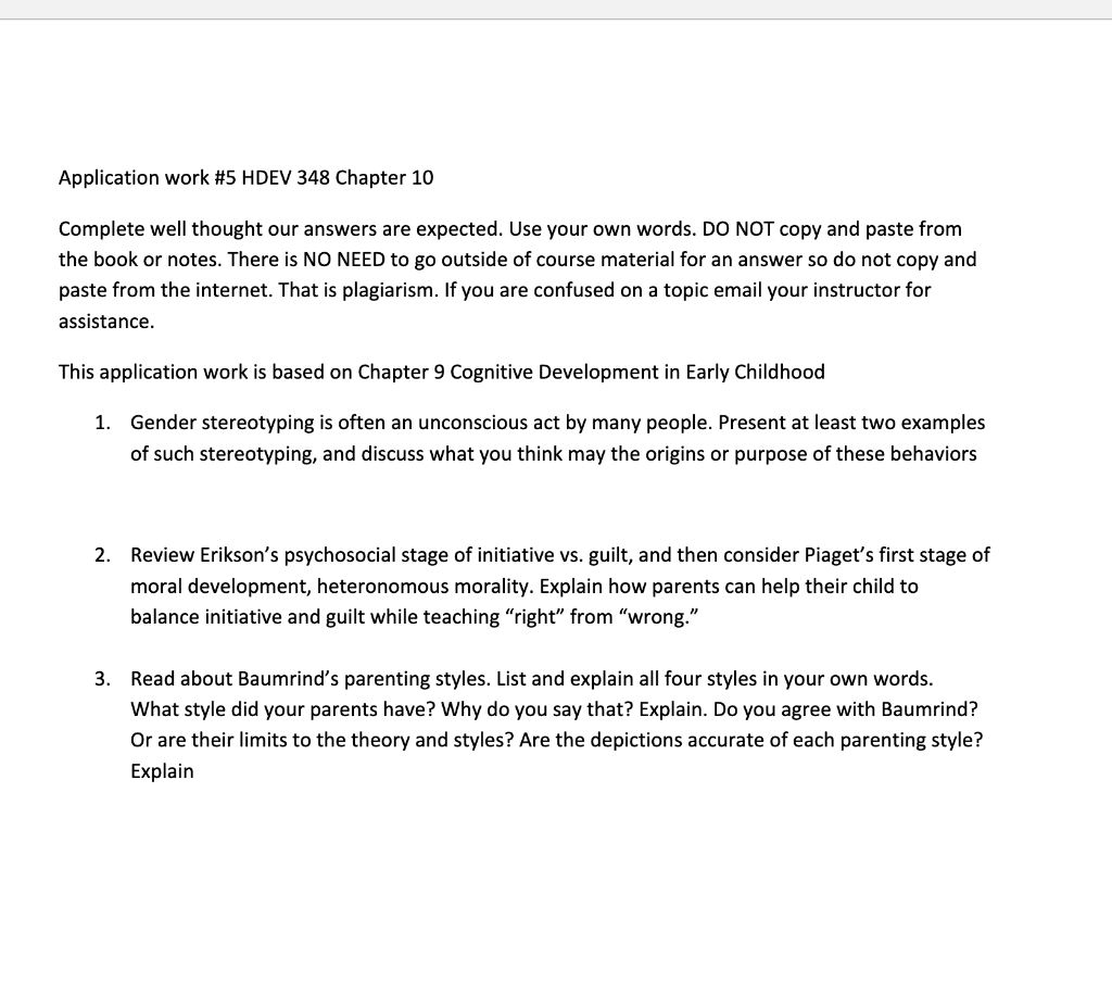 Application work #5 HDEV 348 Chapter 10 Complete well | Chegg.com