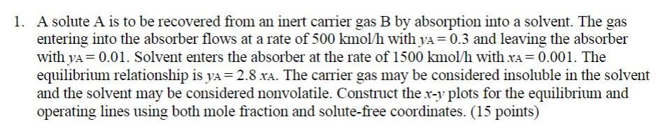 Solved A solute A is to be recovered from an inert carrier | Chegg.com