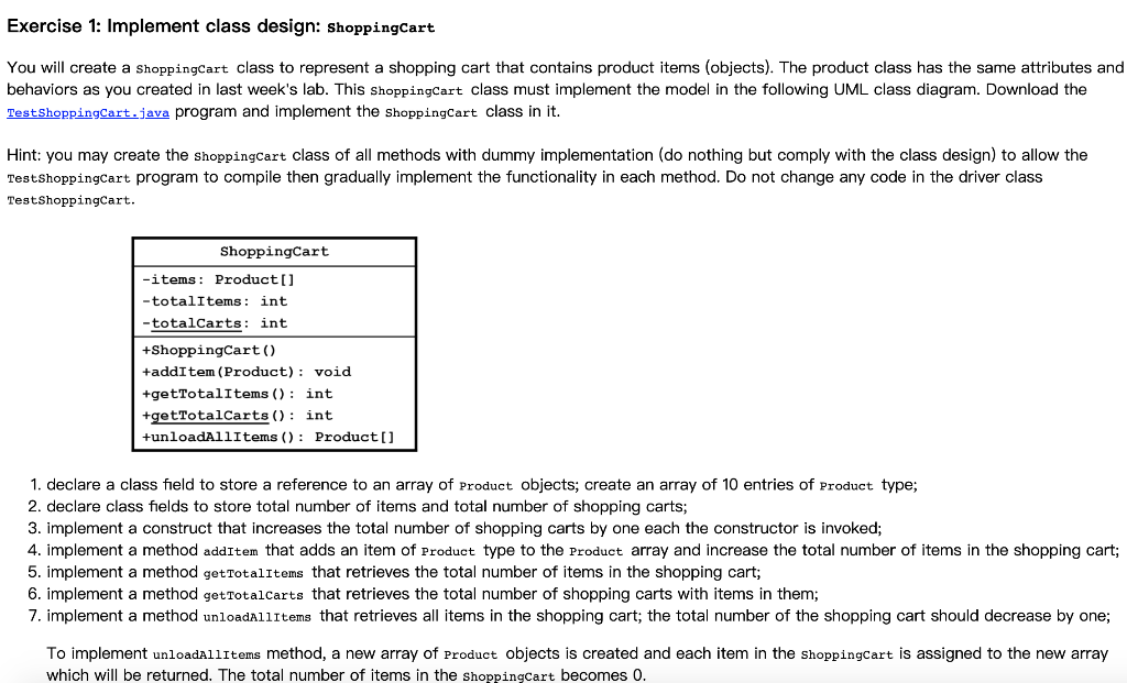 Solved Exercise 1: Implement class design: ShoppingCart You | Chegg.com