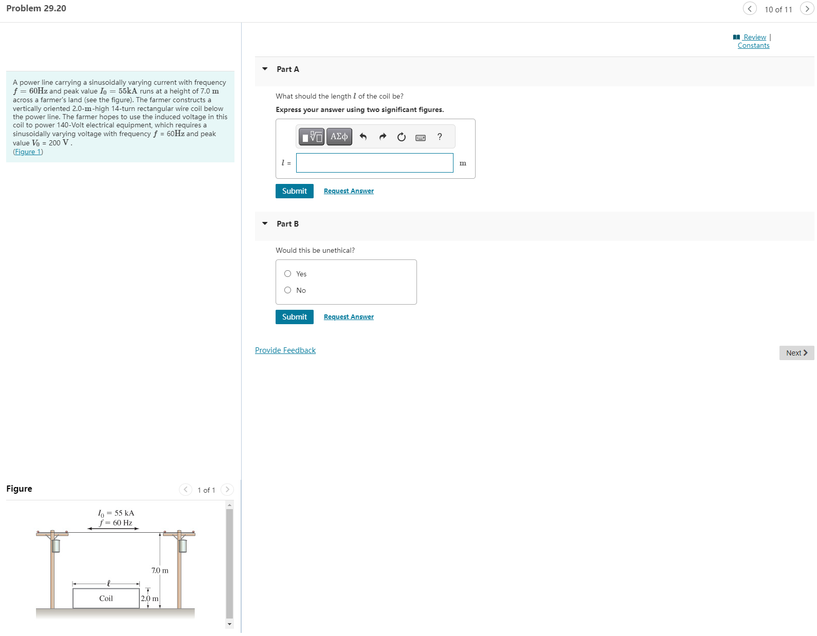 Solved Problem 29.2010 ﻿of 11)ConstantsA power line carrying | Chegg.com