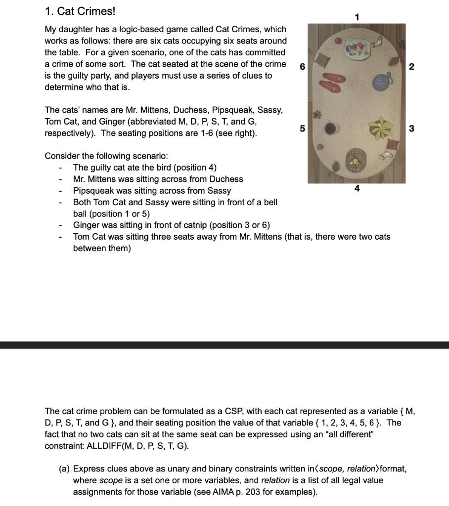 Solved 1. Cat Crimes! My daughter has a logic-based game | Chegg.com