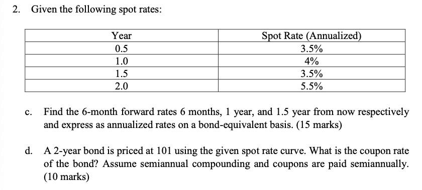 2. Given the following spot rates: Year 0.5 1.0 1.5 | Chegg.com