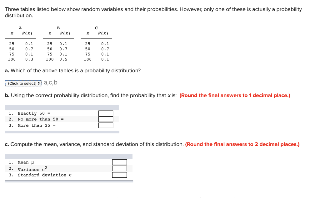 Solved Three tables listed below show random variables and | Chegg.com