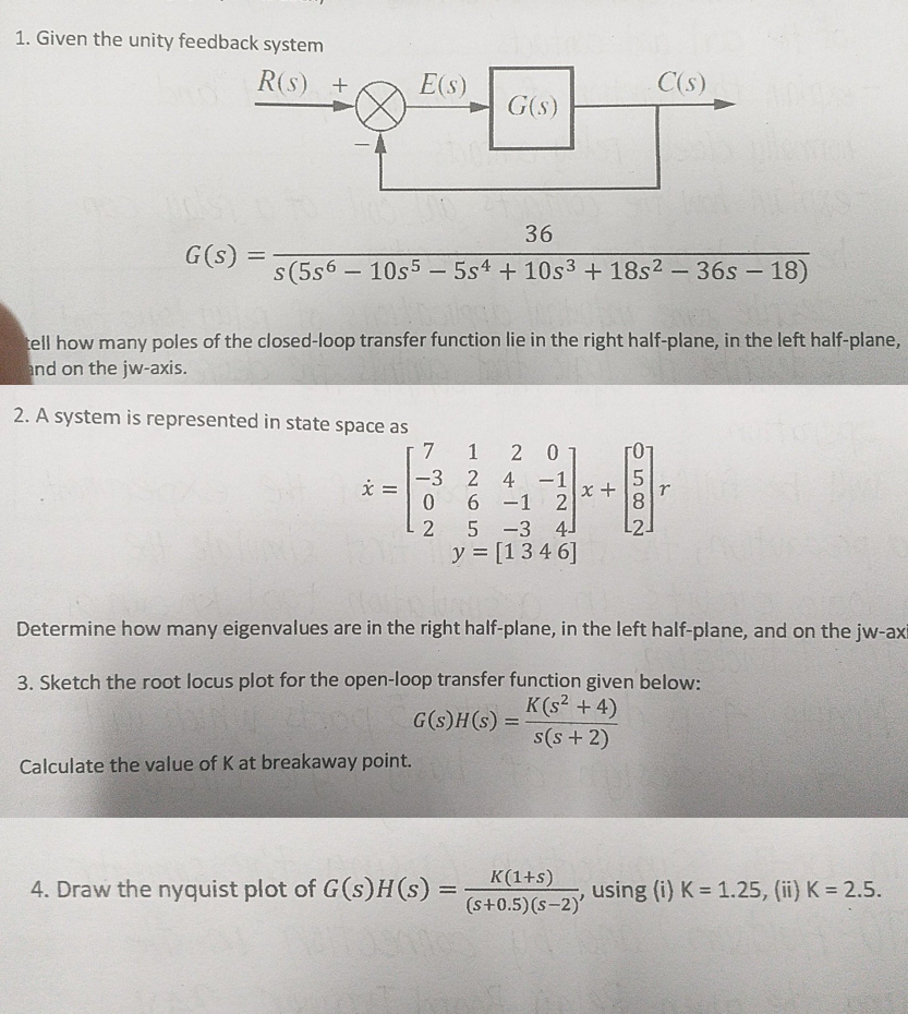 Solved 1. Given the unity feedback system | Chegg.com