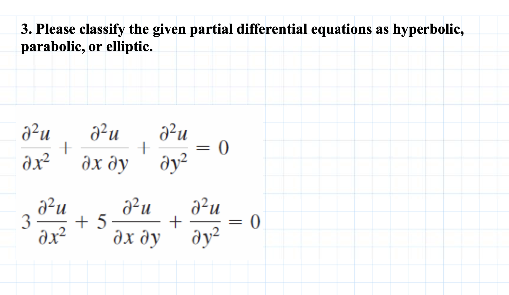 Solved 3. Please classify the given partial differential | Chegg.com Solved 3. Please classify the given partial differential | Chegg.com