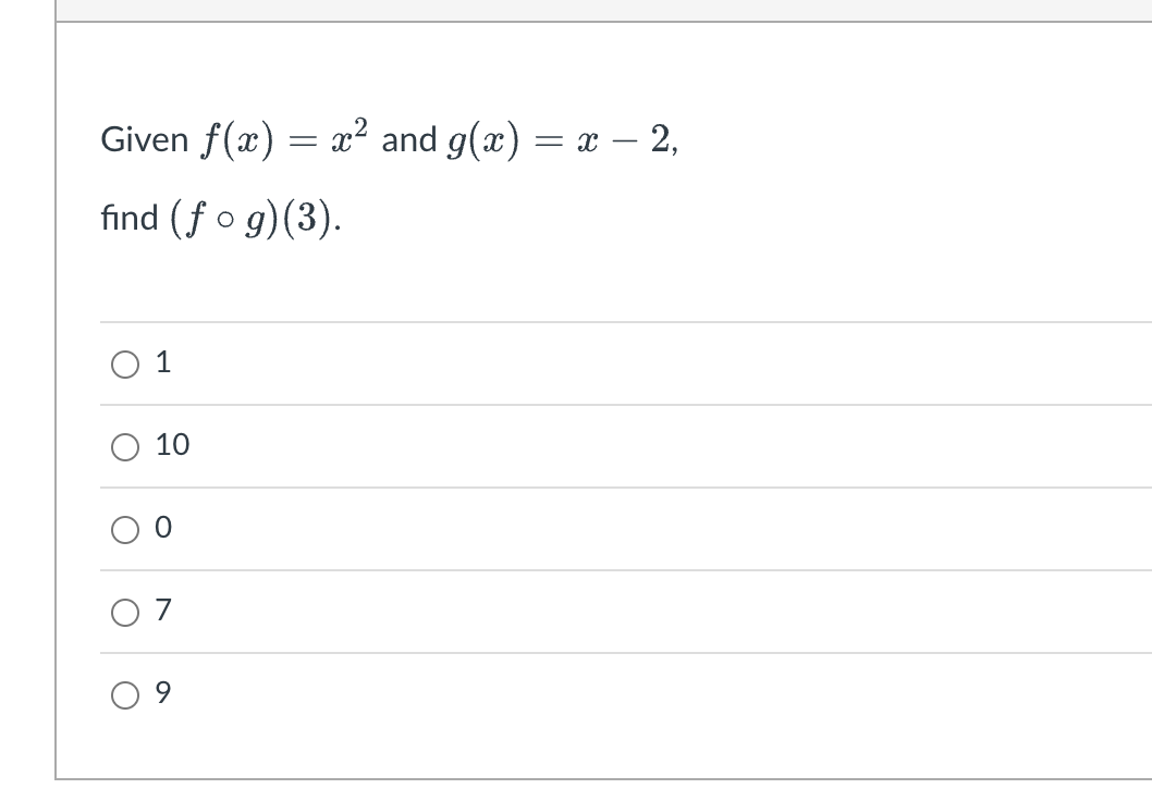 Solved Given f(x)=x2 and g(x)=x−2, find (f∘g)(3). 1 10 0 7 9 | Chegg.com