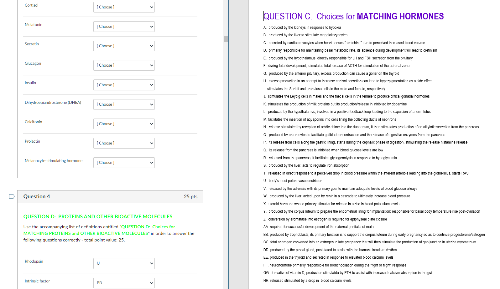 Solved control Cortisol [Choose ] QUESTION C: Choices for | Chegg.com