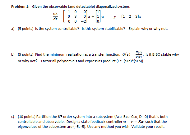 Solved Problem 1: Given the observable (and detectable) | Chegg.com