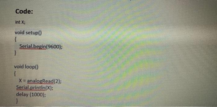 Solved Code: int X; void setup() S Serial.begin(9600); void | Chegg.com