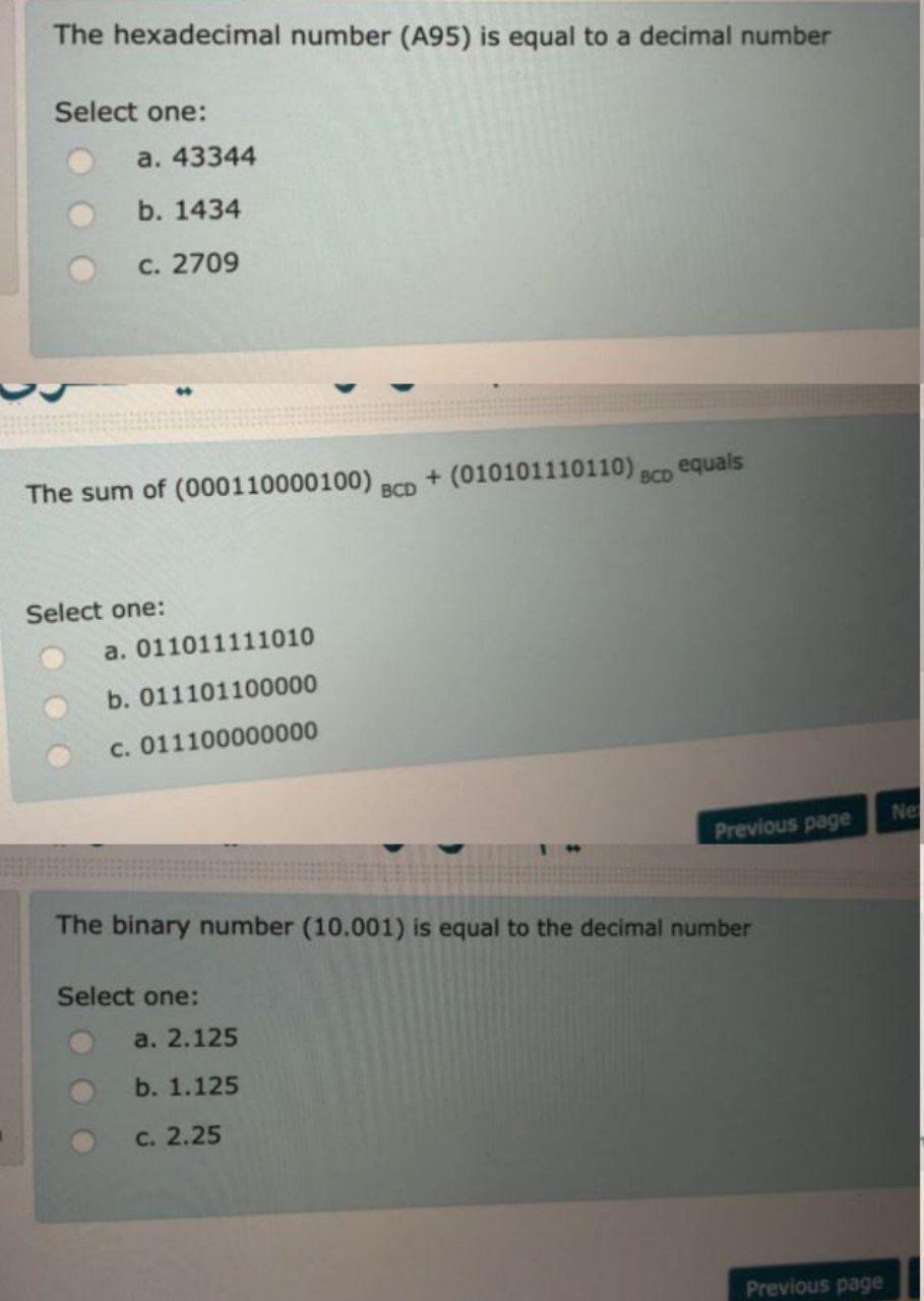 Solved The hexadecimal number (A95) is equal to a decimal | Chegg.com
