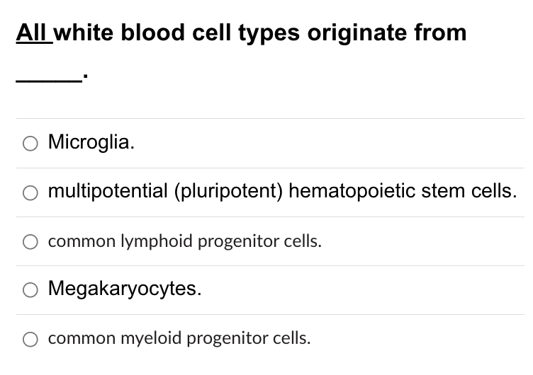 Solved All white blood cell types originate from Microglia. | Chegg.com