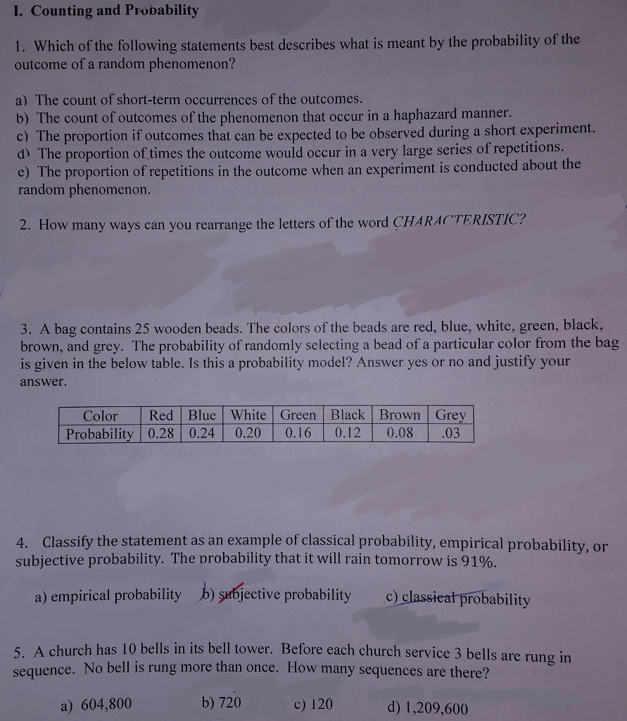 Solved I. Counting and Probability 1. Which of the following | Chegg.com
