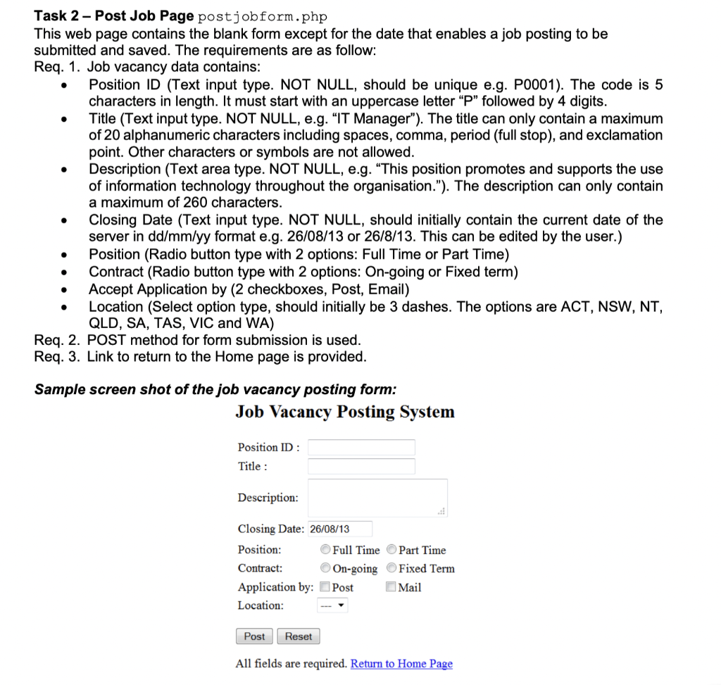 Solved Task 2 - Post Job Page postjobform.php This web page | Chegg.com