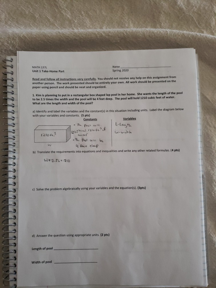 Solved MATH 137 Unit 1 Take-Home Part Name Spring 2020 Read | Chegg.com