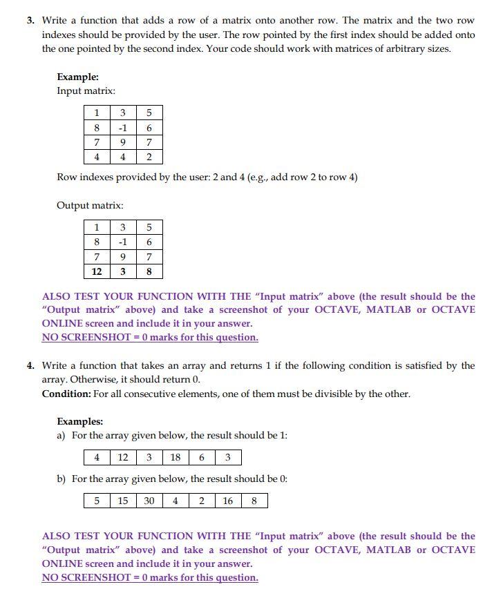 3. Write a function that adds a row of a matrix onto | Chegg.com