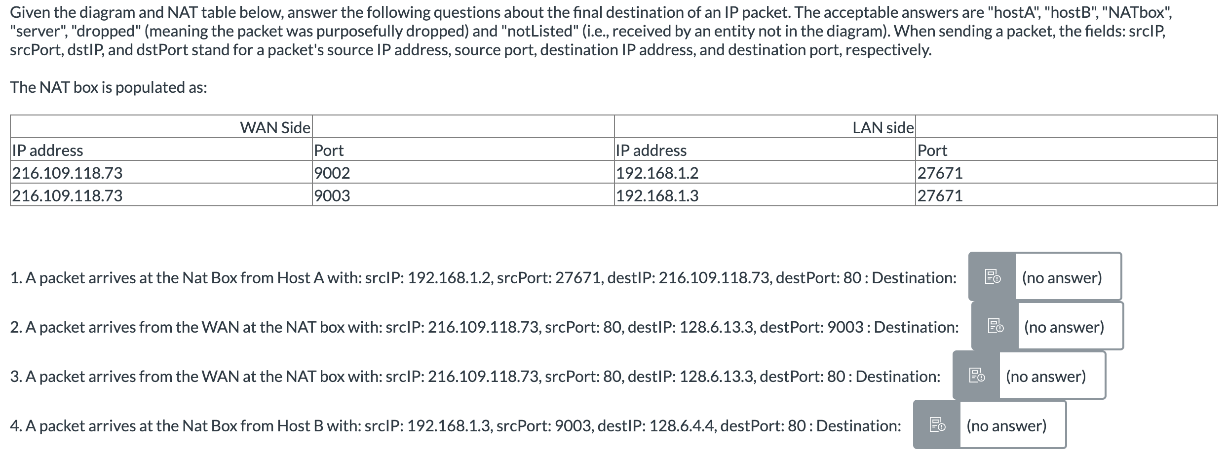 Given the diagram and NAT table below, answer the | Chegg.com