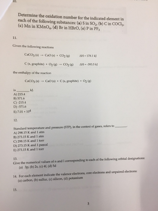 Solved 10 Determine The Oxidation Number For The Indicated