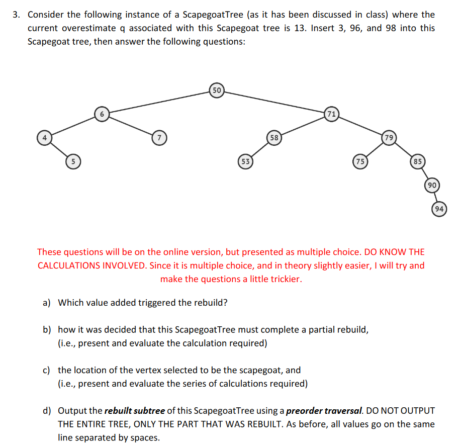 3. Consider the following instance of a ScapegoatTree | Chegg.com