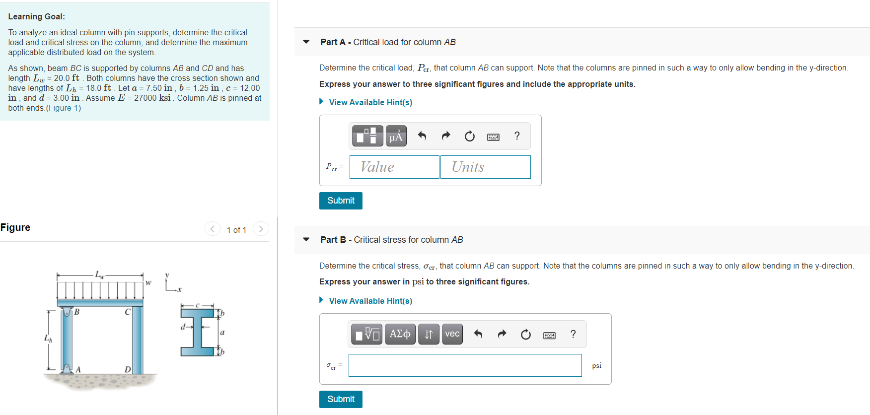 Solved Part A - Critical load for column AB Learning Goal: | Chegg.com