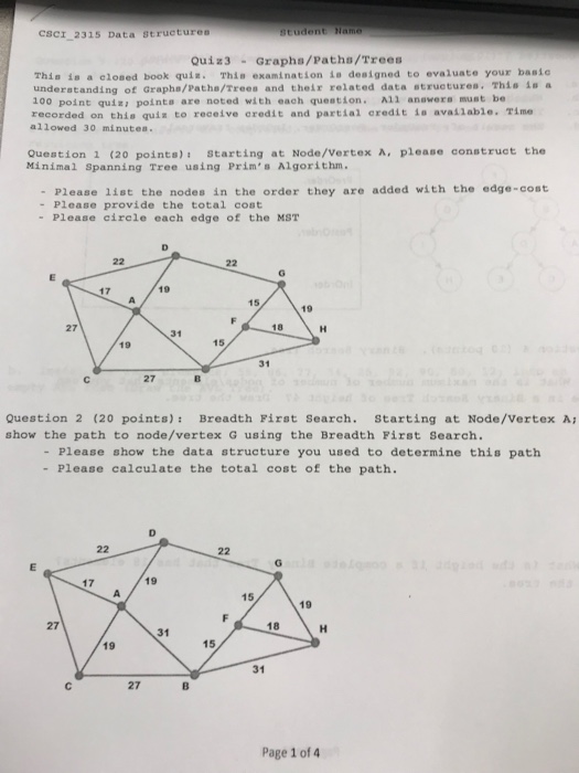 Solved CSCI 2315 Data structures Quiz3 Graphs/Paths/Trees | Chegg.com
