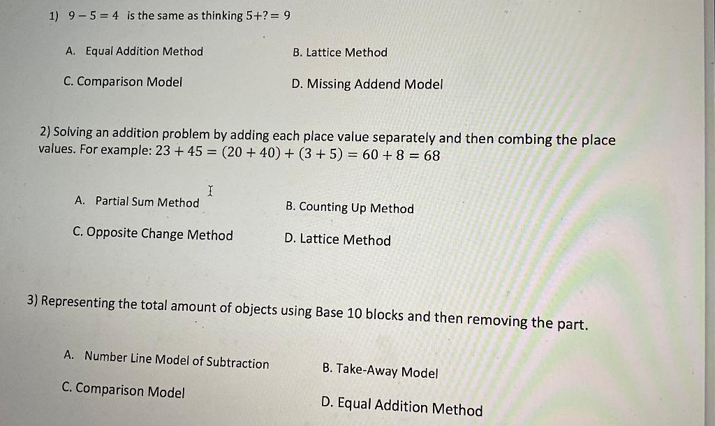 Solved 1) 9-5 = 4 is the same as thinking 5+?= 9 A. Equal | Chegg.com