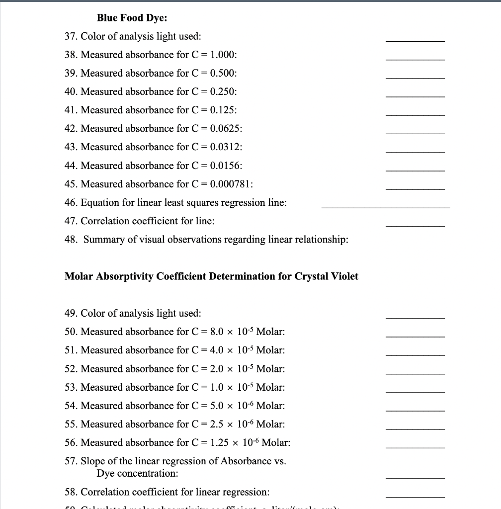 Blue Food Dye: 37. Color of analysis light used: 38. | Chegg.com