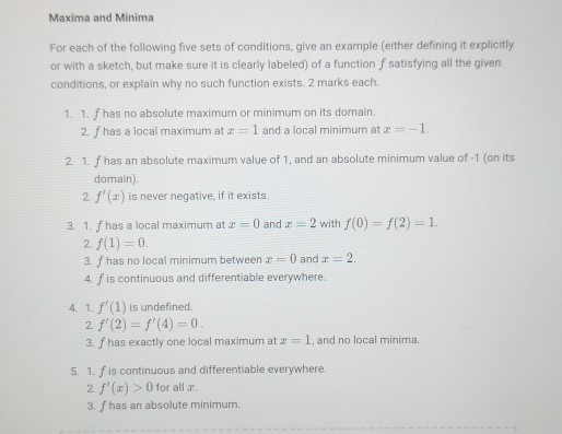 Solved Maxima and Minima For each of the following five sets | Chegg.com