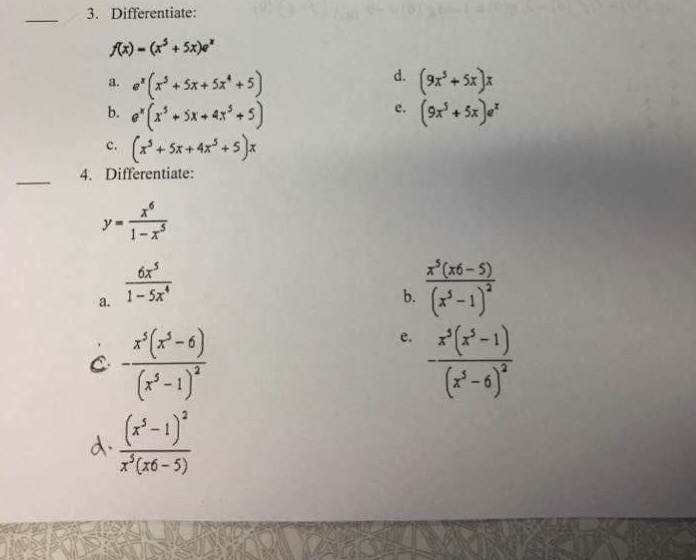 Solved Differentiate: f(x) = (x^5 + 5x)e^x a. e^x(x^5 + 5x + | Chegg.com