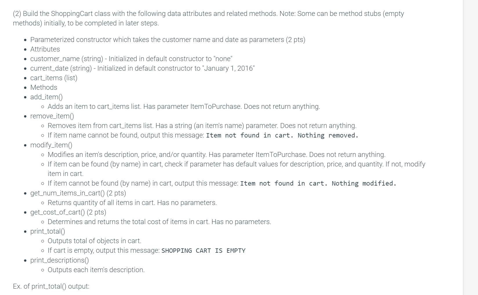 (2) Build the ShoppingCart class with the following | Chegg.com