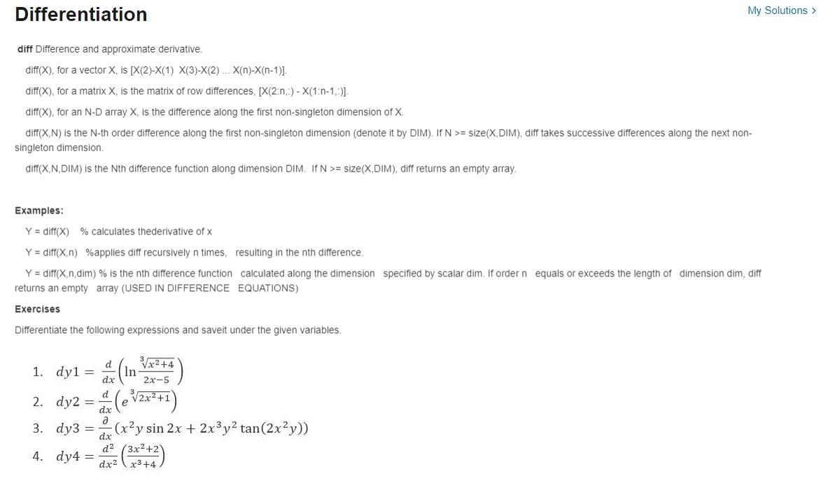 Solved Differentiation My Solutions > diff Difference and | Chegg.com